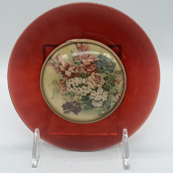 Wall Decor | Vintage Red Glass Floral Domed Convex Plate Bubble Glass 6 ...